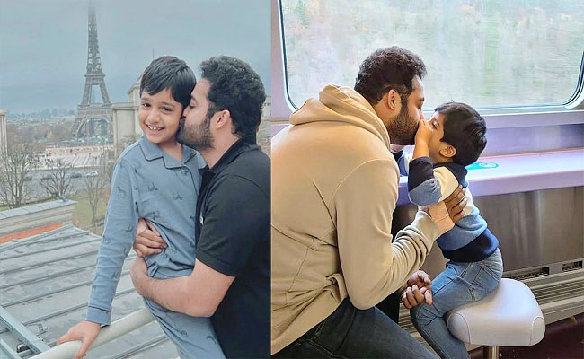 Jr NTR Shares His Son Abhay Ram and Bhargav Ram Photos in Paris Tour - Sakshi