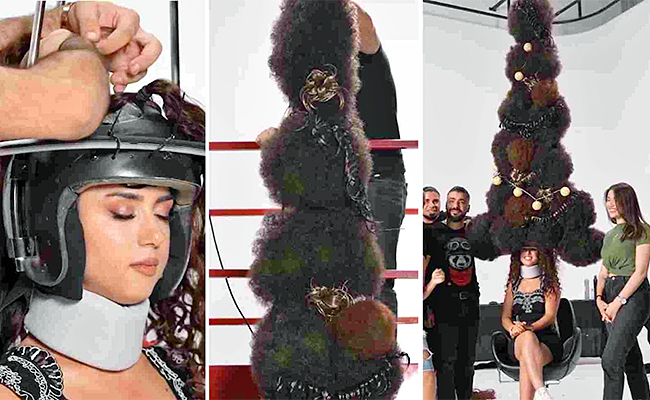 Viral Video: 9 feet tall Hairstyle sets Guinness World Record - Sakshi