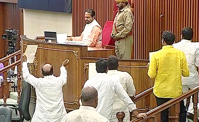 TDP Leaders Attack On Speaker Tammineni Sitaram During AP Assembly Budget Session - Sakshi