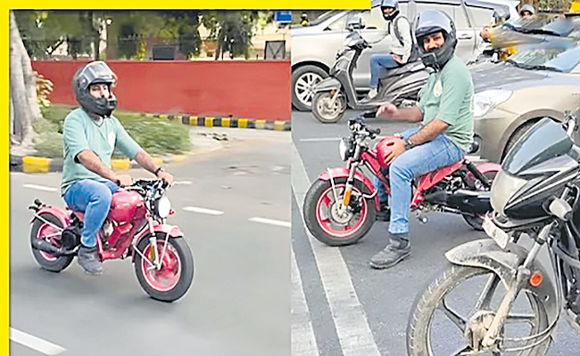 భళారే బార్బీ బుల్లెట్‌ | Man rides a mini bike in Delhi streets, video goes viral | Sakshi